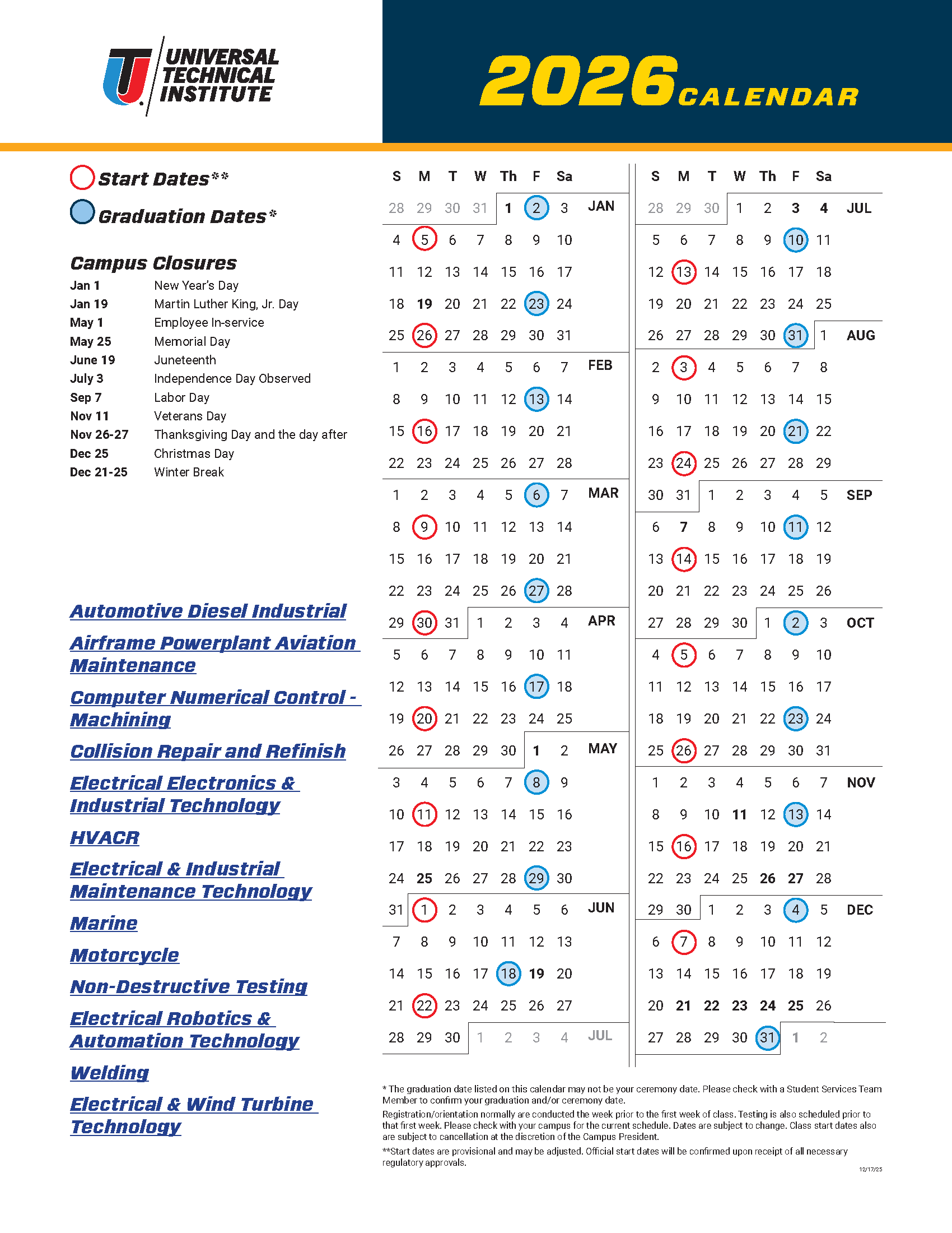 Course Calendar UTI and Motorcycle 2026 | Universal Technical Institute