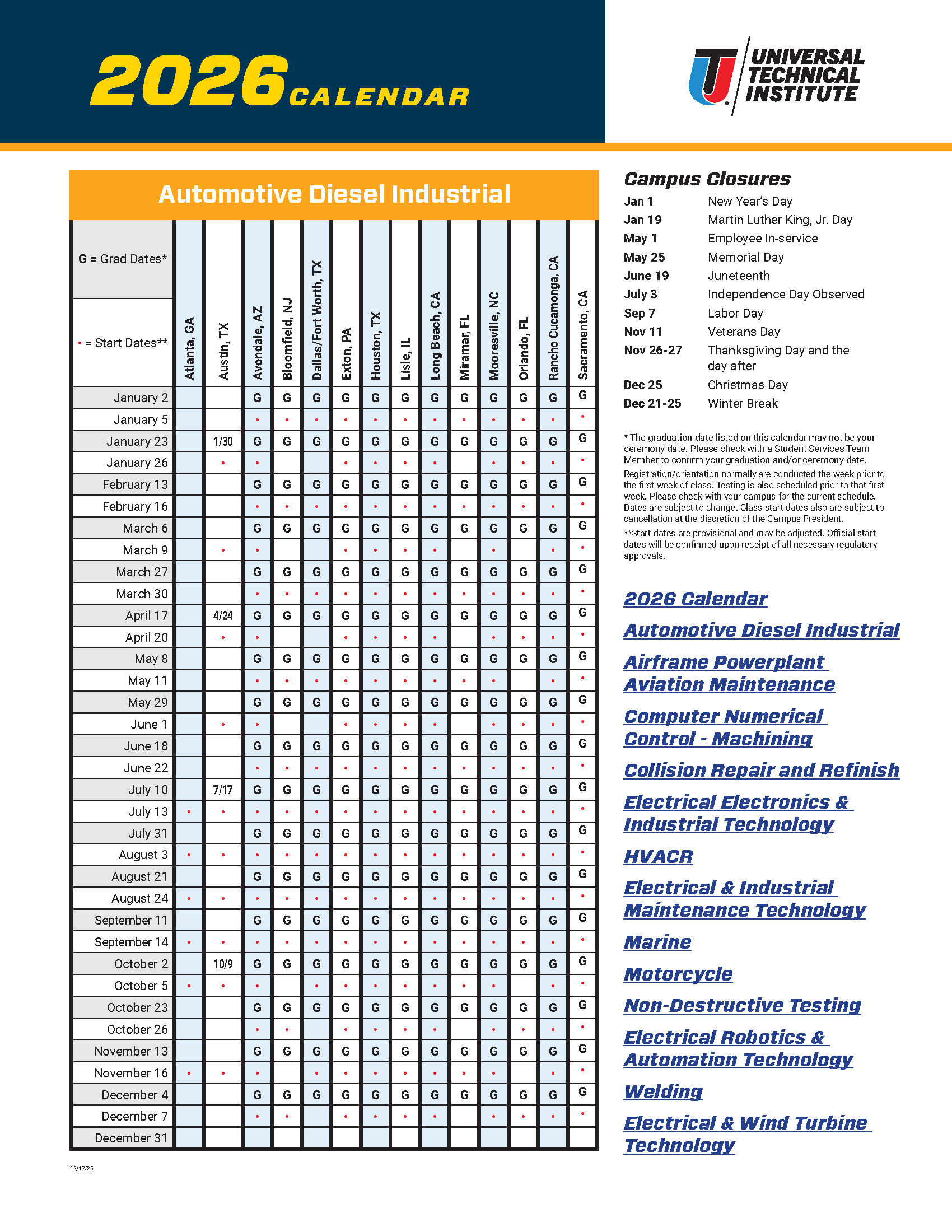 Course Calendar UTI and Motorcycle 2026 | Universal Technical Institute