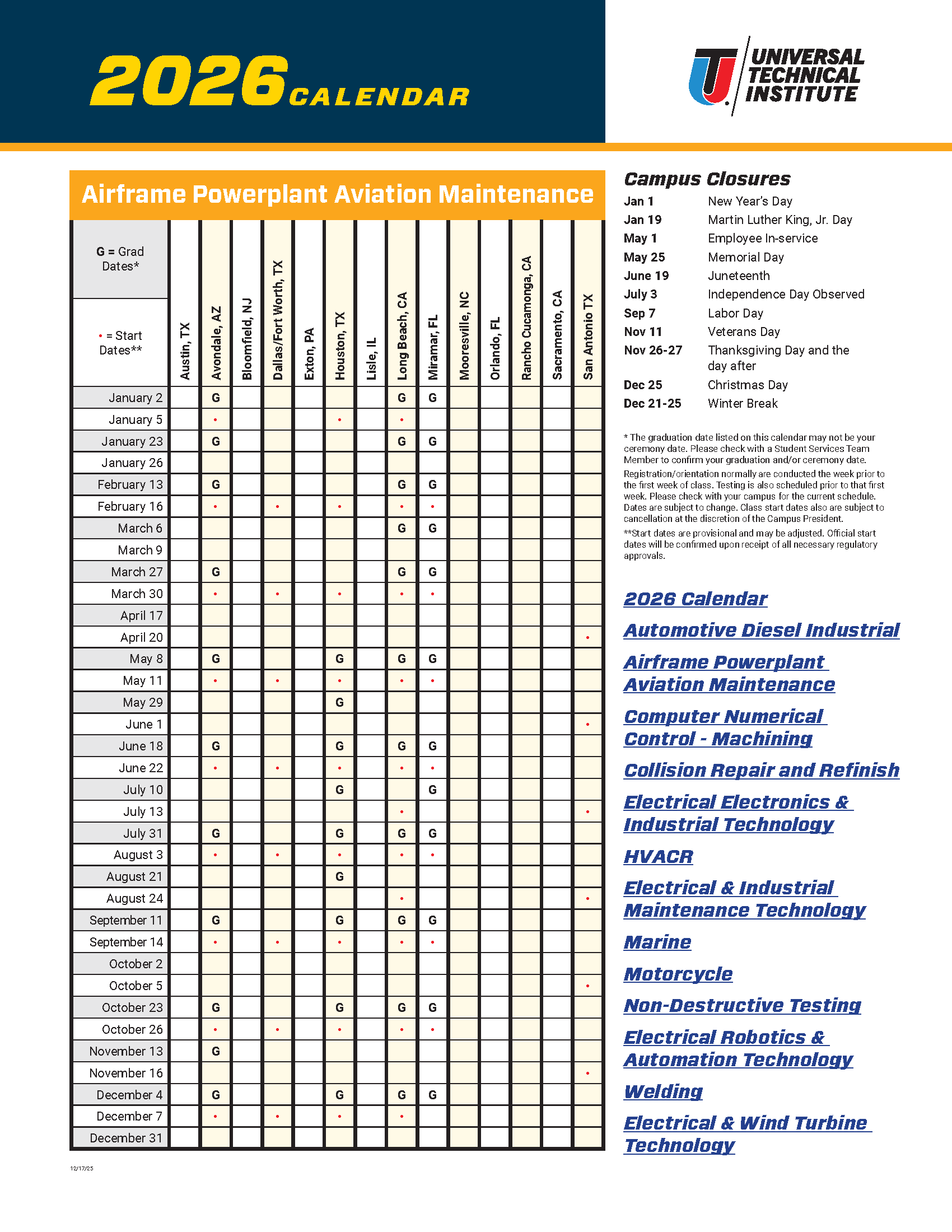 Course Calendar UTI and Motorcycle 2026 | Universal Technical Institute