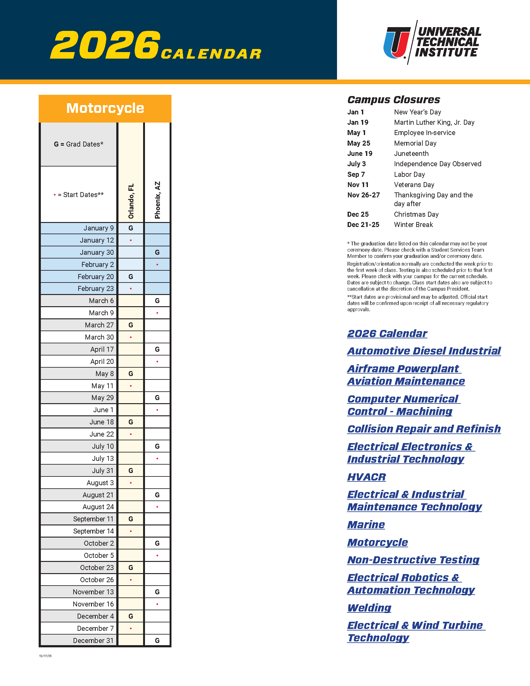 Course Calendar UTI and Motorcycle 2026 | Universal Technical Institute